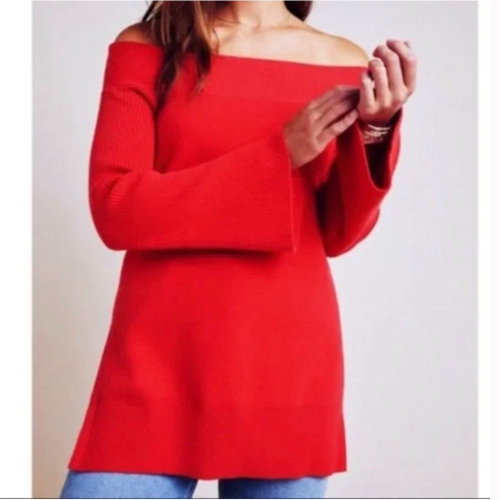 Anthropologie Elise Red Ribbed Tunic Sweater - Gem